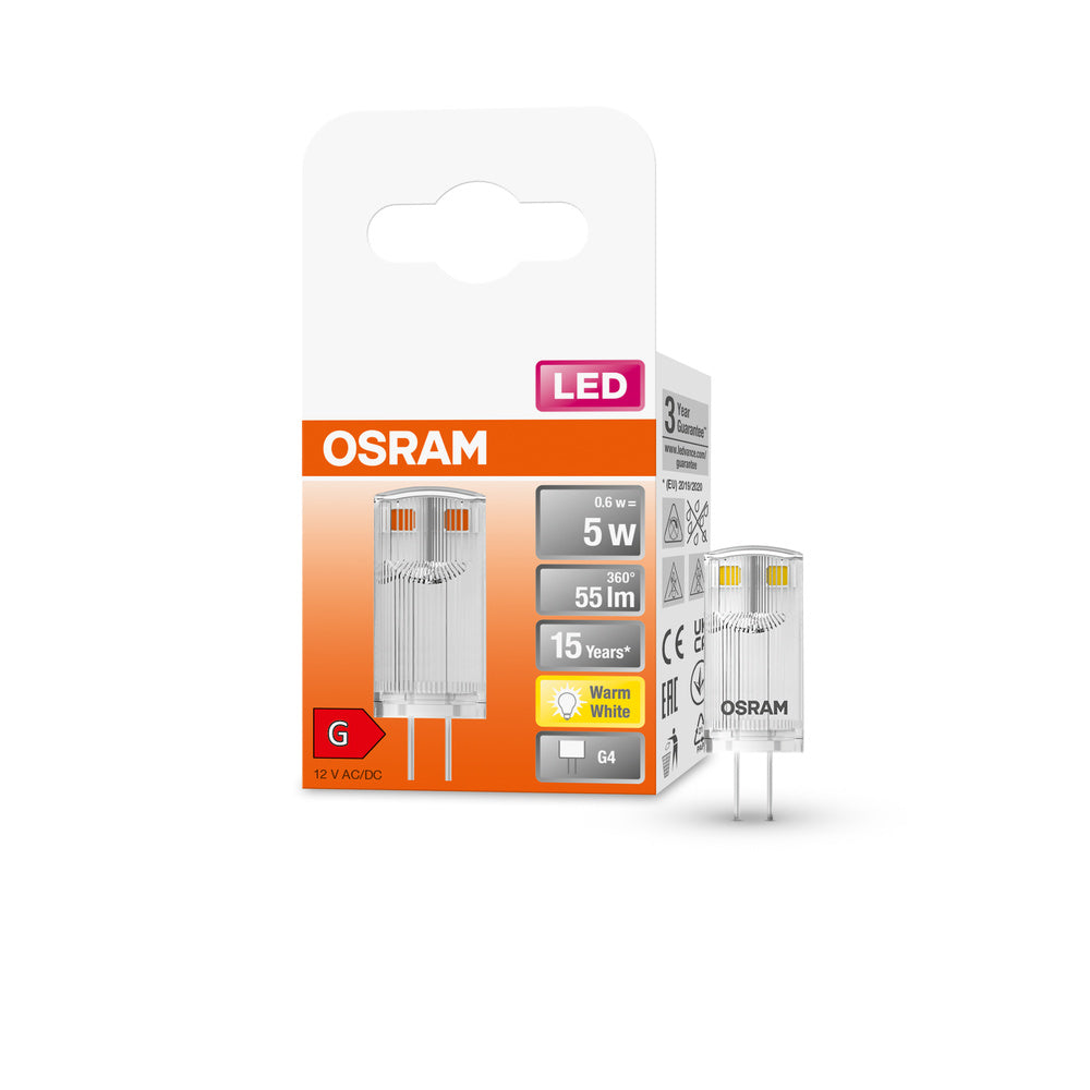 OSRAM LED Stiftsockellampe PIN 12 V 0.6W 827 Clear G4, 55 lm, 2700 K,