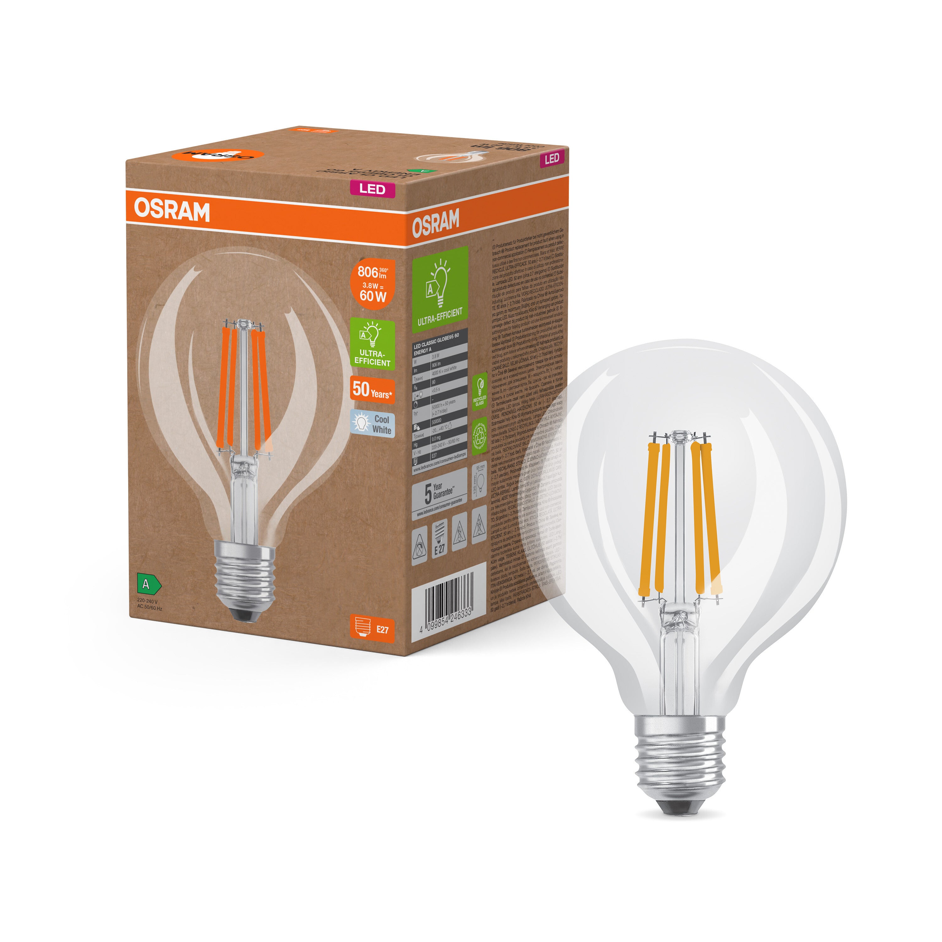 OSRAM LED Superstar Classic Globe Lampe Klar, 3.8W, 806lm , Kaltweiß