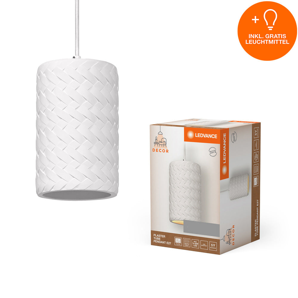 LEDVANCE DECOR Plaster Tube Gips Pendelleuchte, E27, 140 mm, inkl. Leu
