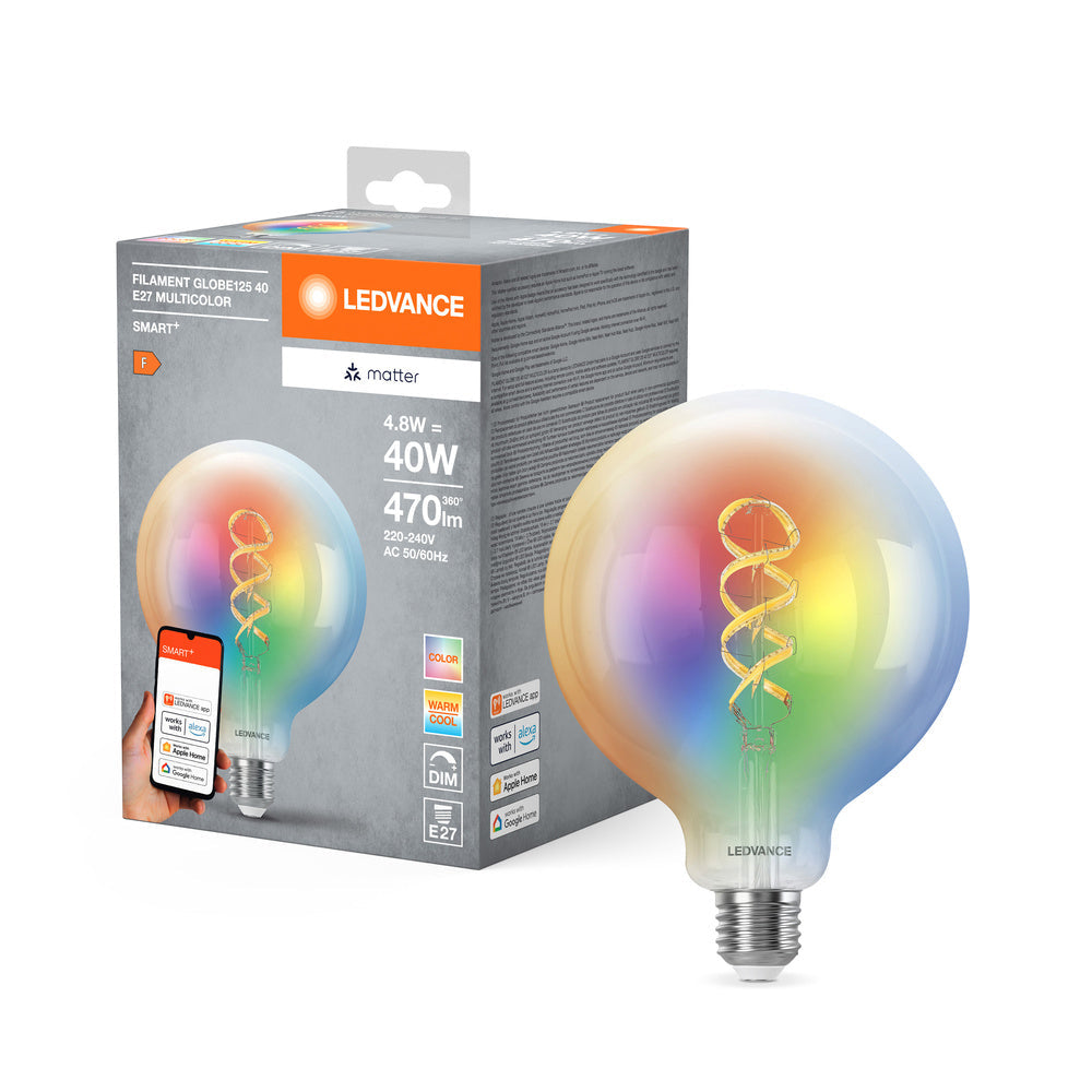 LEDVANCE Matter SMART+ LED Lampe CLASSIC Globe, RGB, Filamentglas, 4,8