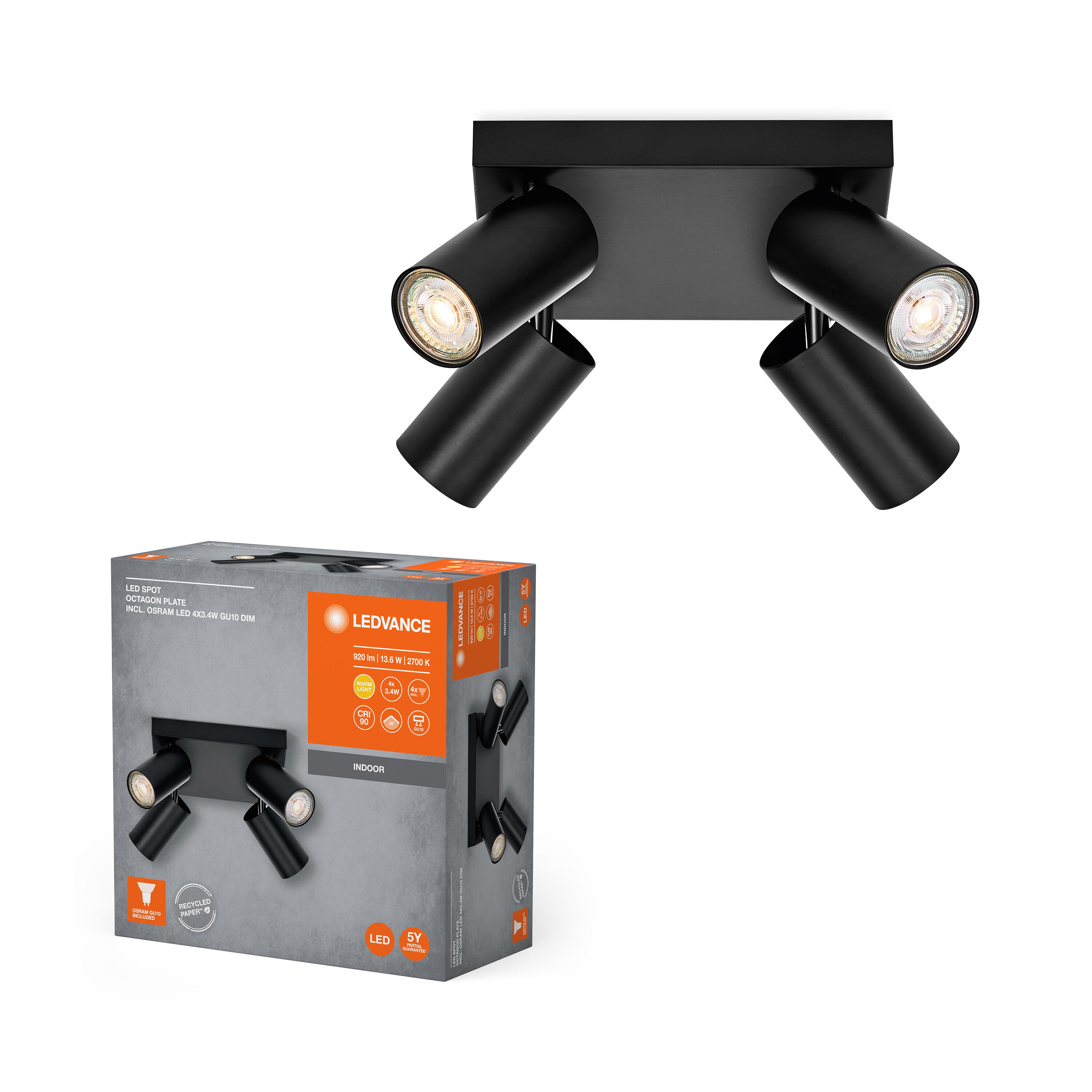 LEDVANCE LED SPOT OCTAGON PL Deckenleuchte 4 x 3,4W, GU10, 920lm, schw