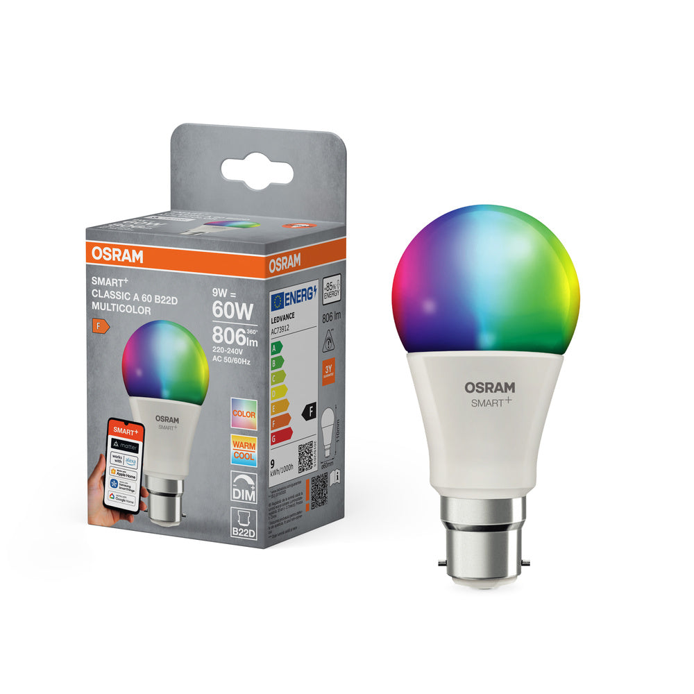 OSRAM Matter SMART+ Classic LED Lampe RGBW FR B22D 9W, 806 lm, 2700…65